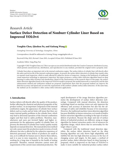 Pdf Surface Defect Detection Of Nonburr Cylinder Liner Based On Improved Yolov4