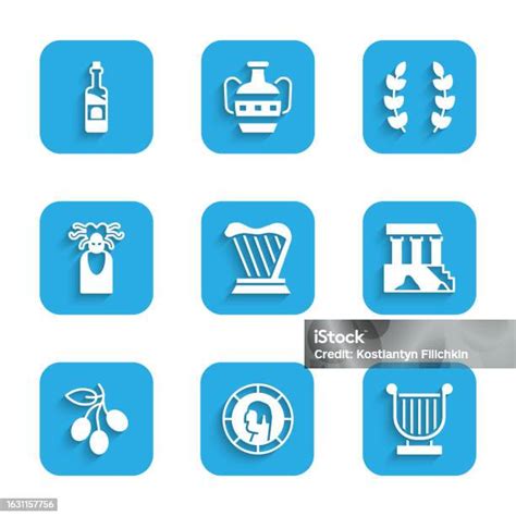 하프 고대 그리스 동전 거문고 파르테논 신전 올리브 가지 메두사 고르곤 월계관 및 와인 아이콘 한 병을 설정합니다 벡터 0명에