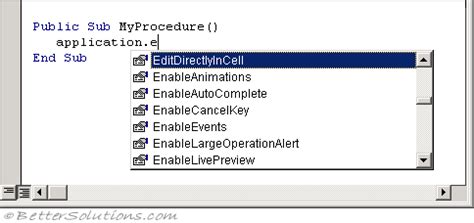 VBA Visual Basic Editor Intellisense