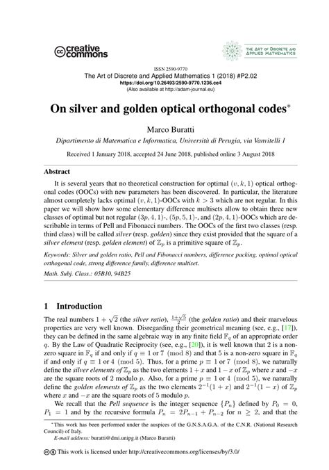 Pdf On Silver And Golden Optical Orthogonal Codes