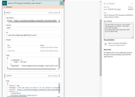 the user does not exist or is not unique error in power automate