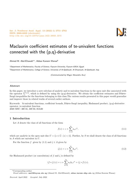 Pdf Maclaurin Coefficient Estimates Of Te Univalent Functions