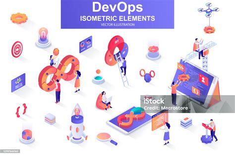 등대 메트릭 요소의 Devops 번들 시작 시작 소프트웨어 개발 배포 및 테스트 자동화 및 프로그래밍 격리된 아이콘 등극 벡터 일러스트 키트 등측투영법에 대한 스톡 벡터