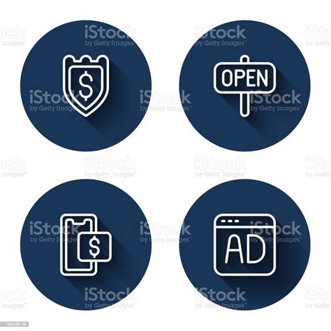 달러와 라인 쉴드를 설정 매달려 기호 텍스트 열기 모바일 쇼핑과 긴 그림자광고 파란색 원 버튼입니다 벡터 0명에 대한 스톡 벡터
