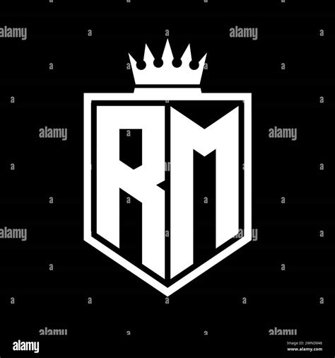 RM Letter Logo monogram bold shield geometric shape with crown outline black and white style ...