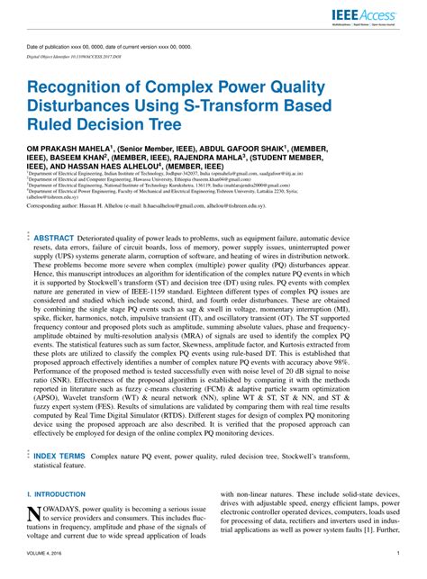 Pdf Recognition Of Complex Power Quality Disturbances Using S Transform Based Ruled Decision Tree