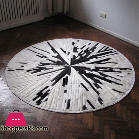 Round Cowhide Patchwork Rug Black And White Striped Design Leather Rug