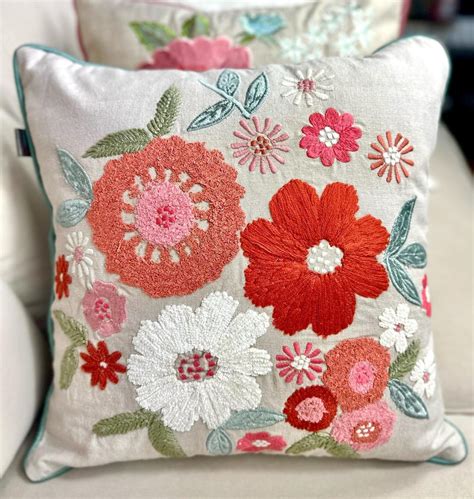 Hand Embroidered Floral Throw Pillow Cover Decorative Embroidered