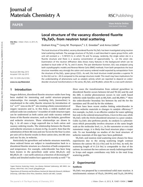 Pdf Local Structure Of The Vacancy Disordered Fluorite Yb3tao7 From