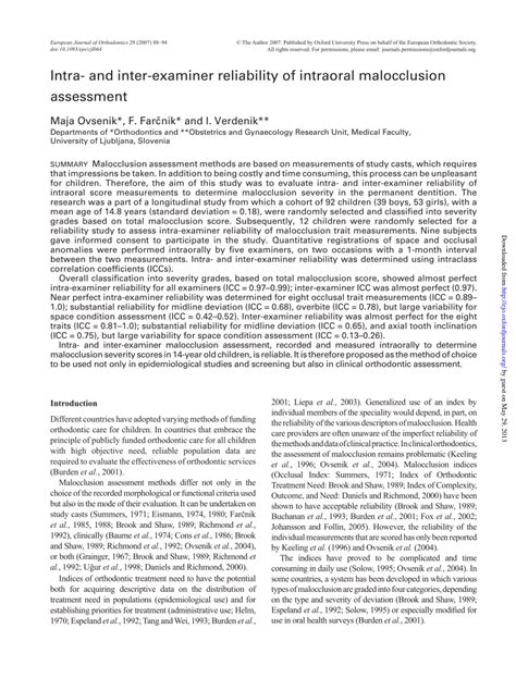 Pdf Intra And Inter Examiner Reliability Of Intraoral Malocclusion Assessment