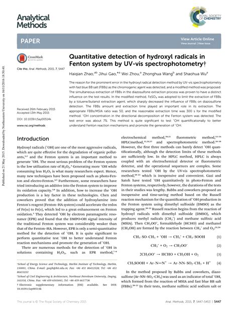 Pdf Quantitative Detection Of Hydroxyl Radicals In Fenton System By Uv Vis Spectrophotometry