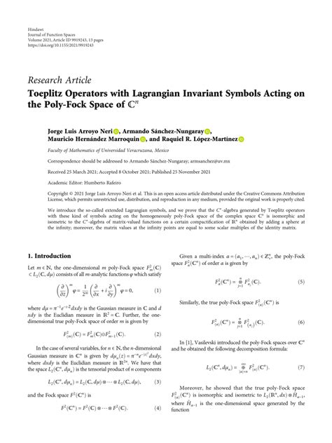 Pdf Toeplitz Operators With Lagrangian Invariant Symbols Acting On The Poly Fock Space Of ℂ N