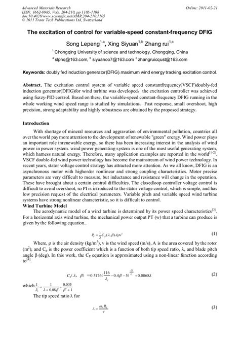 The Excitation Of Control For Variable Speed Constant Frequency Dfig Scientific Net