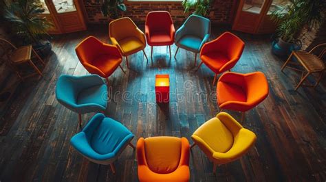 Colorful Tissues Box In The Center Of A Circle Of Chairs Symbolizes