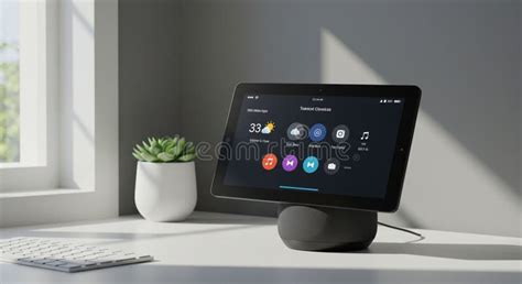 A Tablet With A Smart Home Interface Is Displayed On A Black Stand On A Desk Stock Illustration