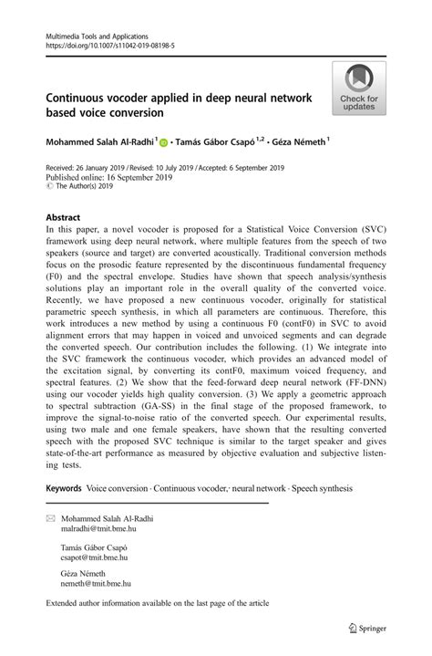 Pdf Continuous Vocoder Applied In Deep Neural Network Based Voice