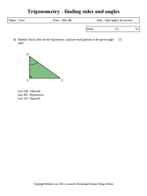 Trigonometry Finding Sides And Angles 1 Pdf Triangle Euclidean Plane Geometry