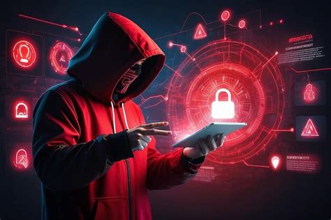 Premium Photo Hooded Man Hacker Finger Touch Tablet In Hand Double Exposure Red Security Alert