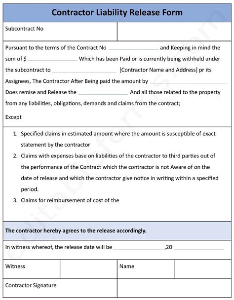 Contractor Liability Release Form Editable Pdf Forms