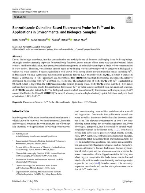 Benzothiazole Quinoline Based Fluorescent Probe For Fe And Its