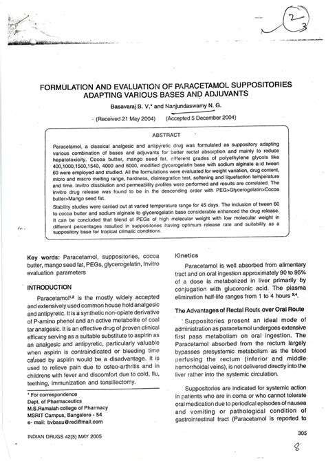 Pdf Formulation And Evaluation Of Paracetamol Suppositories Adapting Various Bases And Adjuvants