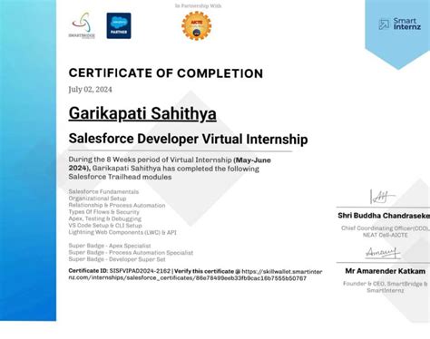 Completed Salesforce Developer Virtual Internship Garikapati Sahithya