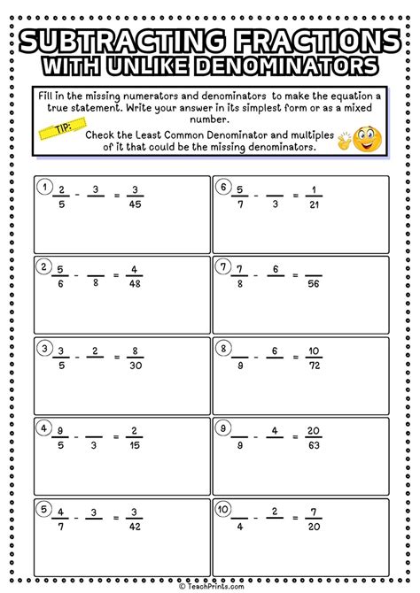 Free Subtracting Fractions With Unlike Denominators Worksheets Teach