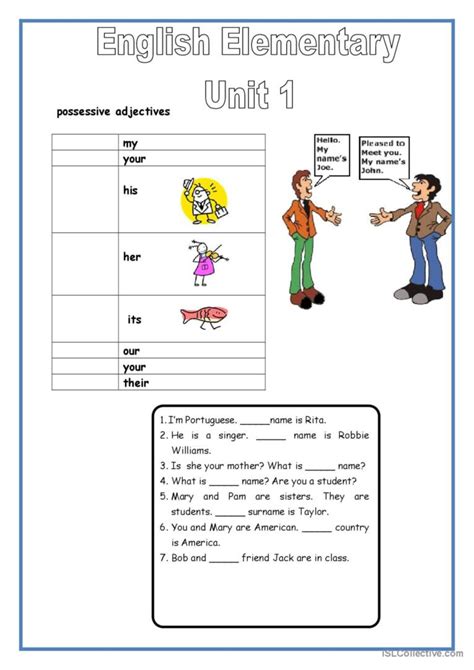 english elementary unit 1 english esl worksheets pdf and doc