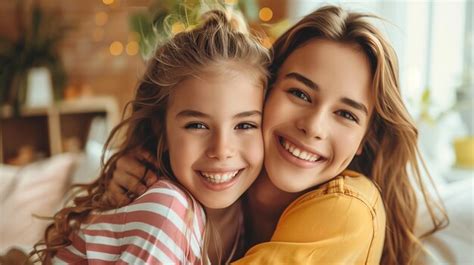 Una Madre Y Una Hija Se Abrazan En Una Cabina De Fotos Imagen Premium