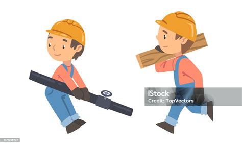 건설 도구 세트와 함께 작업 하는 아이 빌더 파이프 라인과 판자 만화 벡터 일러스트와 바지와 안전 하드 모자를 입고 소년 건설