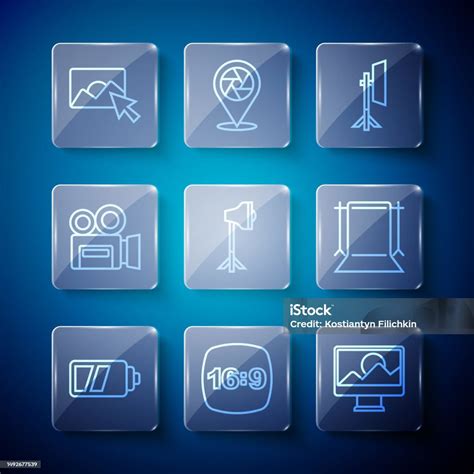 카메라 포토 프레임 16 리터칭 스튜디오 전구 소프트박스 레트로 시네마 및 빈 사진 스튜디오 아이콘용 라인 배터리를 설정합니다 벡터 16에 대한 스톡 벡터 아트 및 기타