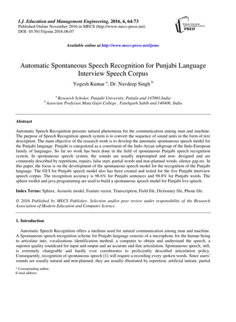 Pdf An Automatic Speech Recognition System For Spontaneous Punjabi