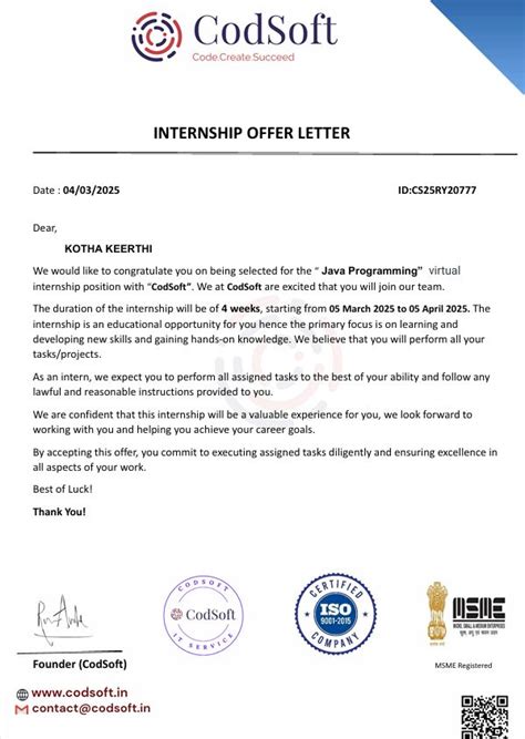 javaprogramming softwaredevelopment internship codsoft keerthi reddy