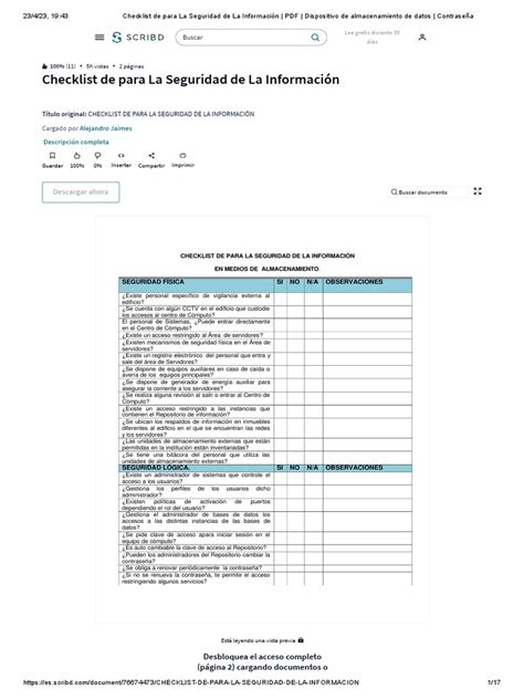 Checklist De Para La Seguridad De La Información Pdf Dispositivo De