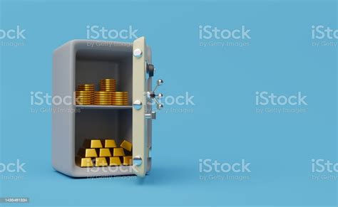 파란색 배경에 동전 더미와 금괴로 가득 찬 금고 비즈니스 뱅킹 개념 3d 그림 또는 3d 렌더링 저축에 대한 스톡 사진 및 기타 이미지 Istock