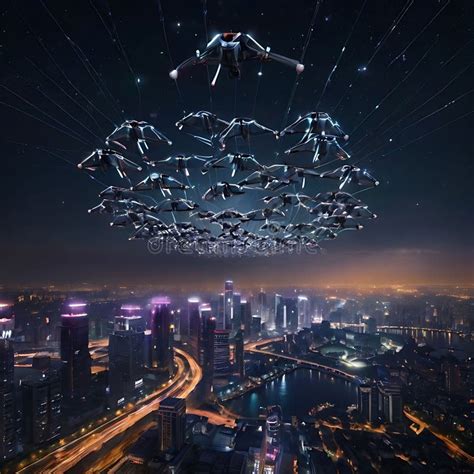 A Drone Swarm In The Night Sky Creates Geometric Patterns And Emits Soft Lights Stock