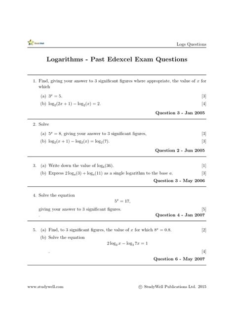 Logarithms Past Edexcel Exam Questions Pdf Applied Mathematics
