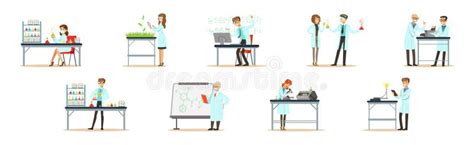 Man And Woman Scientist Character In Laboratory Do Research Vector Set Stock Illustration