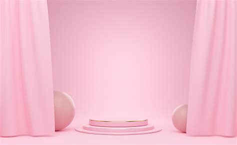 현대적인 무대 디스플레이 및 미니멀리스트 모형 추상 쇼케이스 배경 개념 3d 그림 또는 3d 렌더링을 위한 분홍색 파스텔 구성의 기하학적 모양과 커튼이 있는 연단 0명에