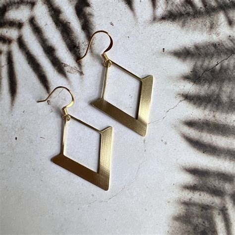 Brass Triangle Geometric Earrings 14k Gold Plated Wires Boho Style Etsy