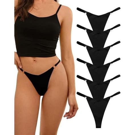 Lot De 6 Strings Femme Sexy Chic Respirant Noir Tanga 85 Polyamide 15 Élasthanne