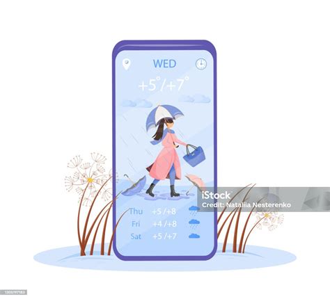 강우량 예측 만화 스마트 폰 벡터 응용 프로그램 화면 비와 폭풍을 위한 의상을 계획하세요 플랫 캐릭터 디자인 모형과 휴대 전화 디스플레이 가을 날씨 응용 프로그램 전화