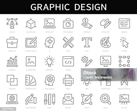 그래픽 디자인 얇은 선 아이콘 세트 그래픽 디자인 편집 가능한 획 아이콘 벡터 일러스트 레이 션 디지털 아트 창의성 그림 포트폴리오 아이디어 기호 3차원 형태에 대한 스톡