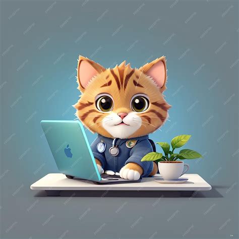 Cute Cat Sitting On Laptop With Coffee And Plant Vector Illustration Developer And Programmer