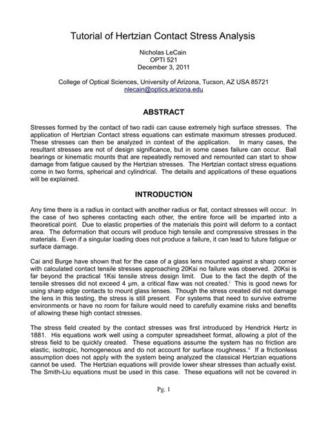 Pdf Tutorial Of Hertzian Contact Stress Analysis Of Hertzian Contact
