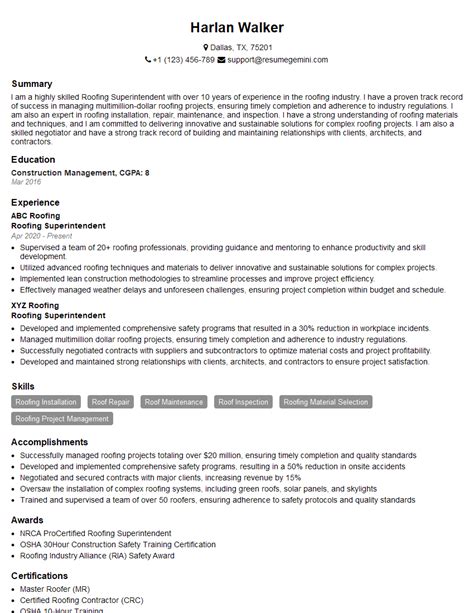 Roofing Superintendent Resume Template Resumegemini Online Resume