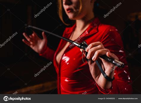 Dominant Woman Holds Stack Bdsm Game Her Hands High Quality — Stock