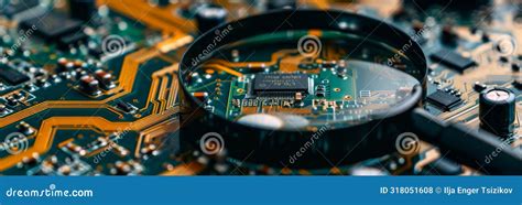 Computer Microchips On Circuit Board Under Magnifying Glass With Space For Text Placement Stock