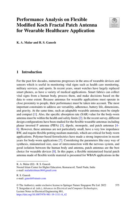 Pdf Performance Analysis On Flexible Modified Koch Fractal Patch Antenna For Wearable