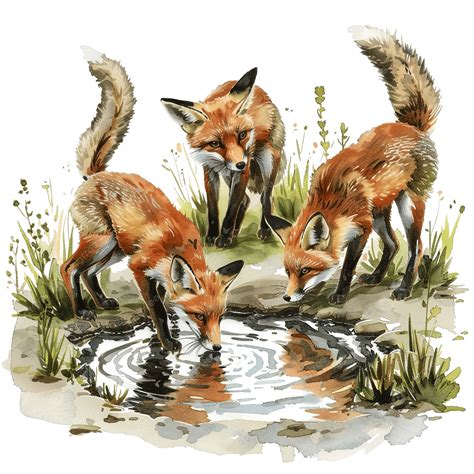 Three Foxes Playing In The Small Pond Animals Fox Group Png